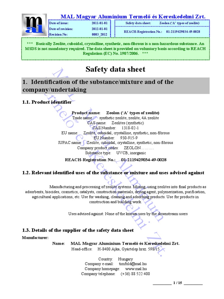 Zeolite Safety Data Sheet | PDF | Dangerous Goods | Toxicity