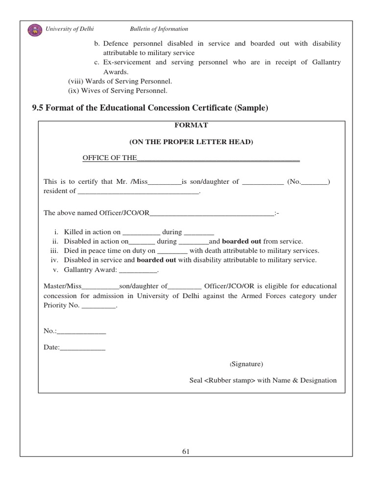 9.5 Format of the Educational Concession Certificate (Sample)