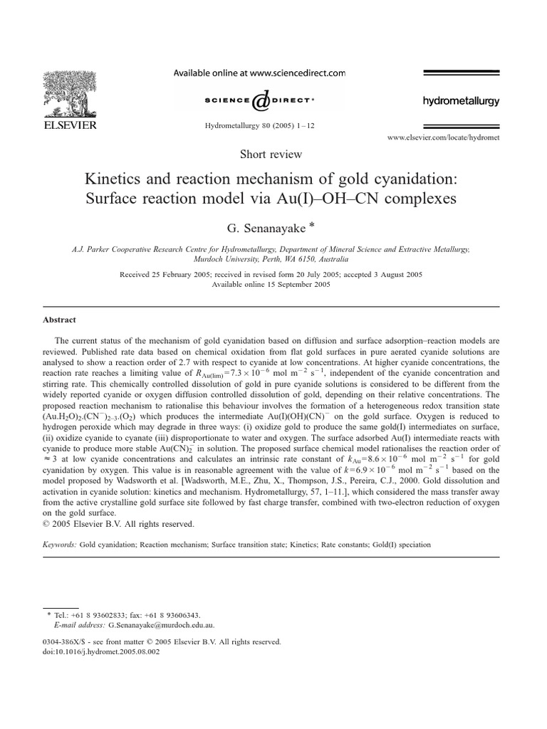 Gold Cyanidation Kinetics and Mechanism | PDF | Cyanide | Redox