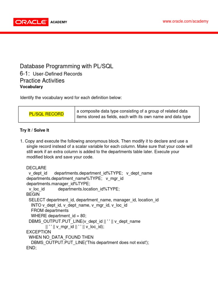 Plsql 6 1 Practice Pdf 