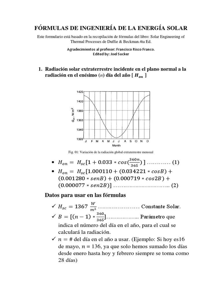 Fórmulas de Ingeniería Solar I | PDF | Energía solar | Física