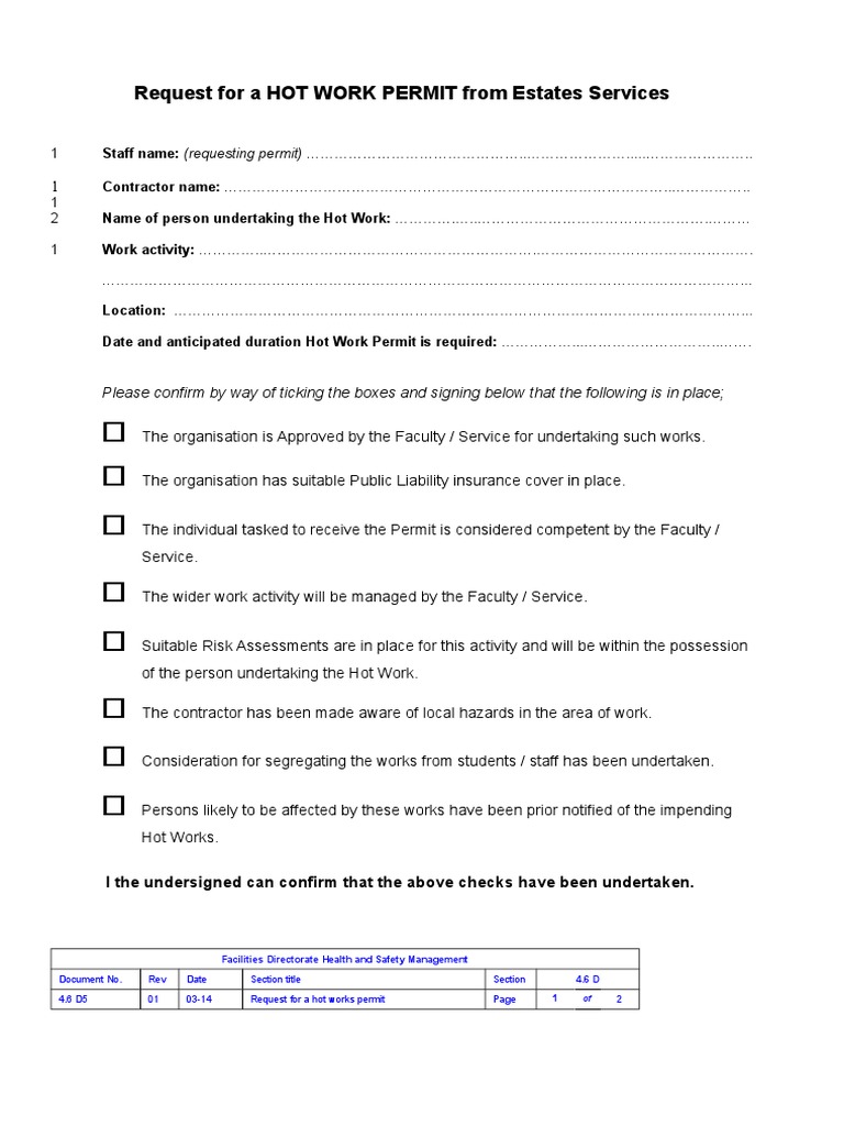 Hot Work Permit Request Form | PDF | Safety | Prevention