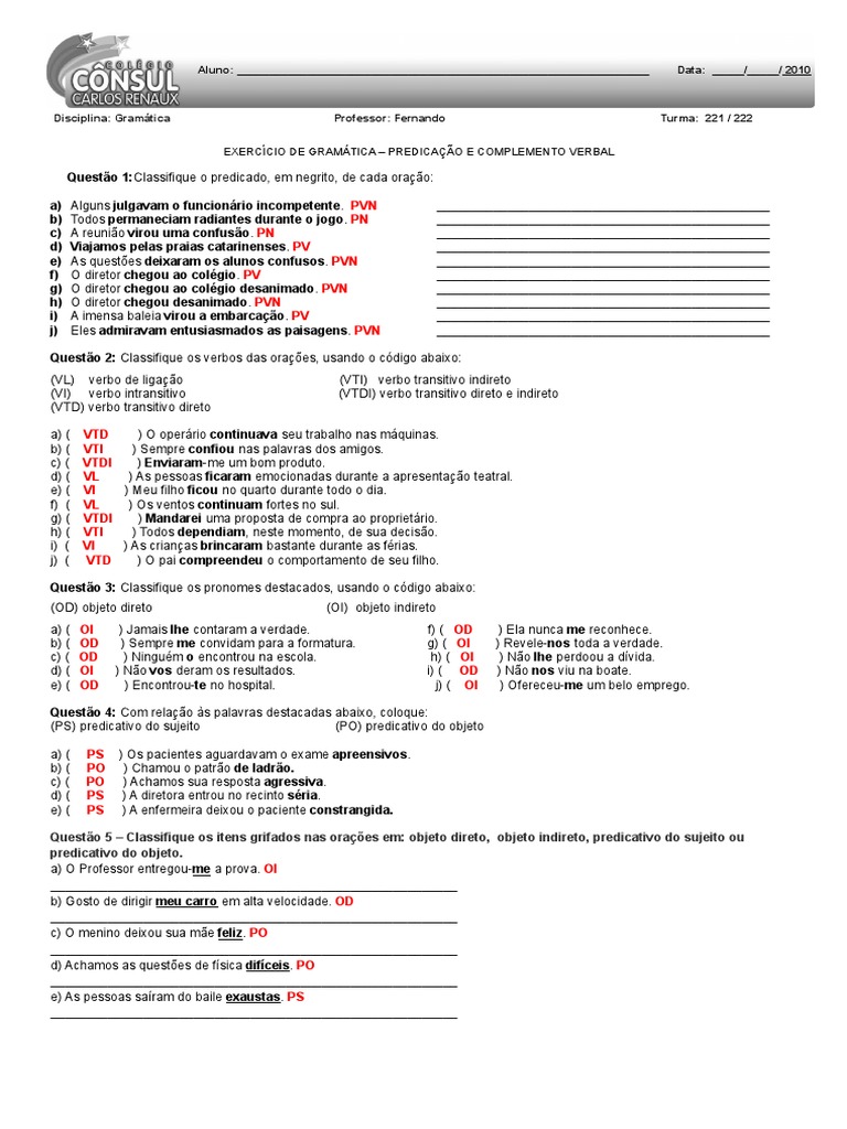 complementos verbais - gabarito | Predicado (Gramática) | Mecânica da ...