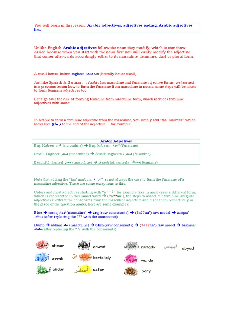 Arabic Adjectives, Adjectives Ending, Arabic Adjectives List | PDF ...