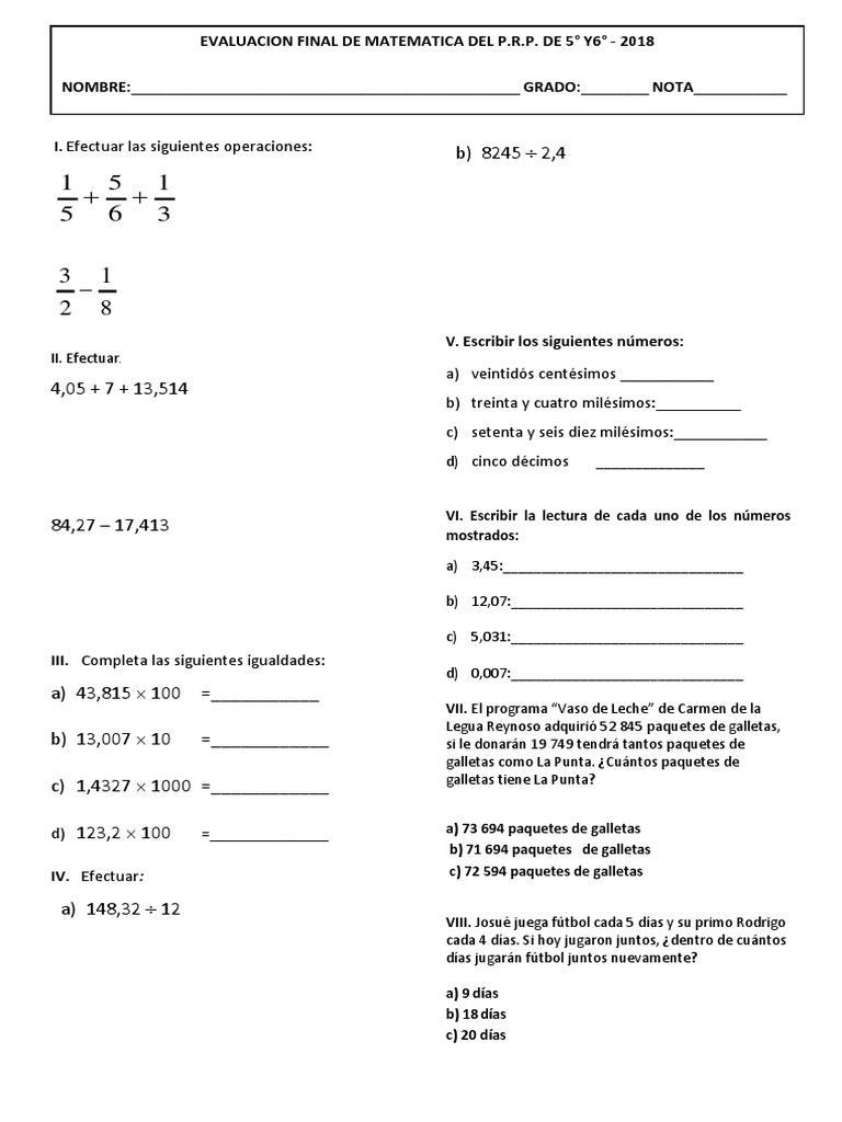 Evaluación final de matemática del 5° y 6° grado con preguntas sobre ...