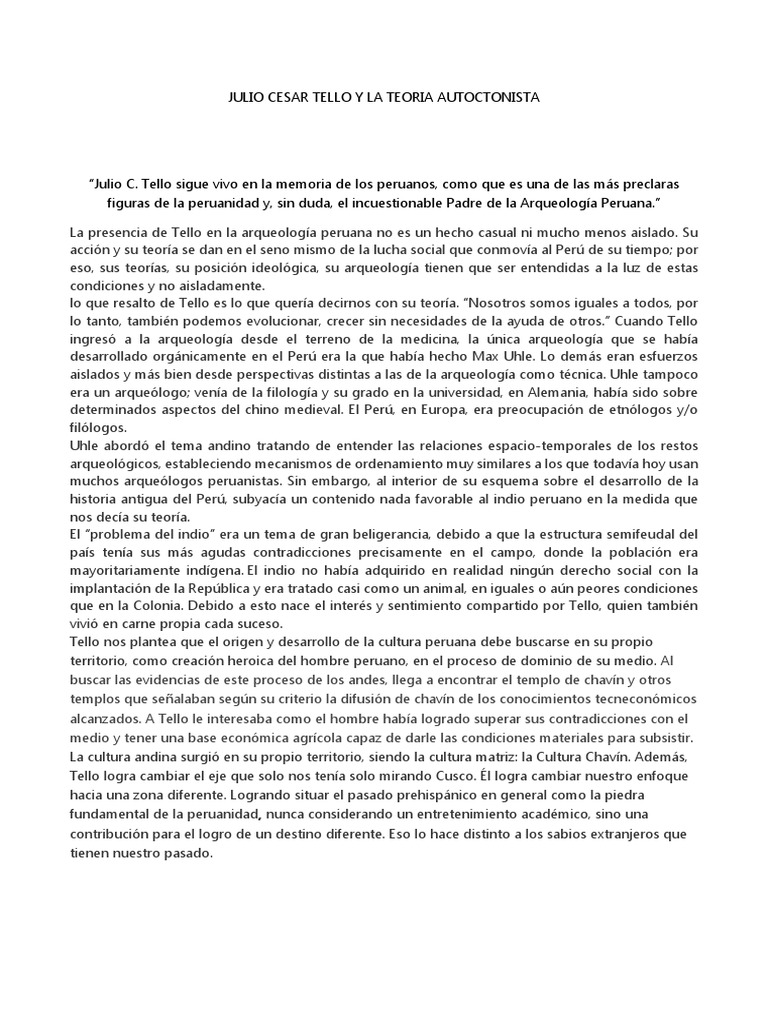 Julio Cesar Tello y La Teoria Autoctonista | Arqueología | Perú