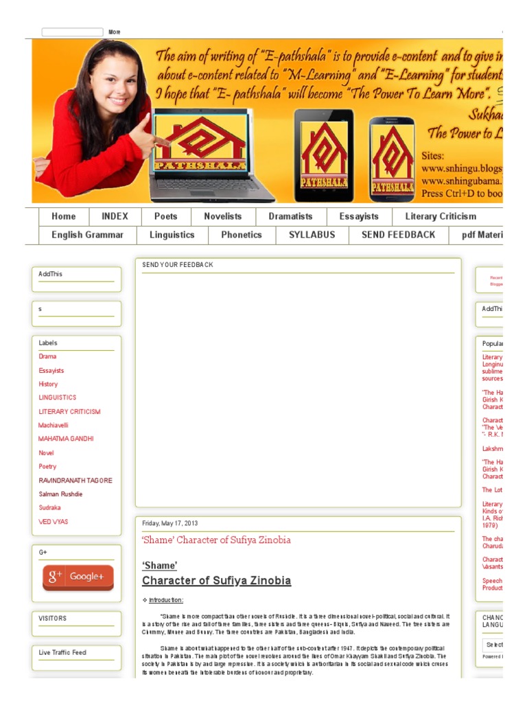 E Pathshala - The Power To Learn More - Shame' Character of Sufiya Zinobia | PDF | English ...
