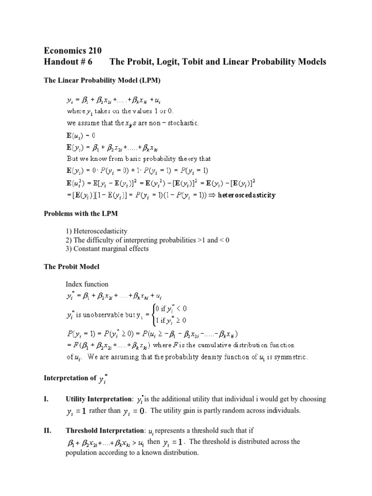 Economics 210 Handout # 6 The Probit, Logit, Tobit and Linear Probability Models | PDF | Errors ...