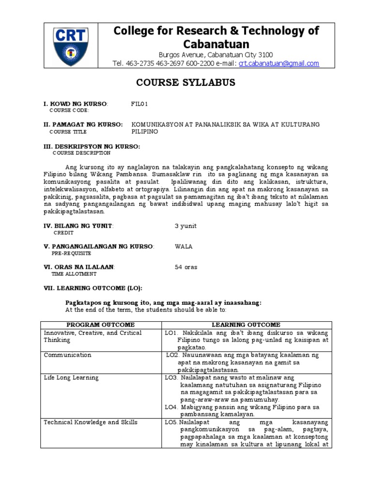Course Syllabus Obe Fil 1 | PDF Course Syllabus Obe Fil 1 | PDF