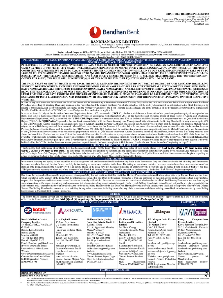 Bandhan Bank DRHP PDF | Stocks | Banks