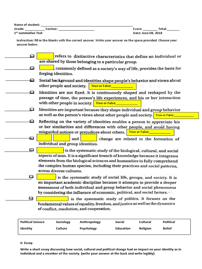 Student Test on Social Identity and Change | PDF