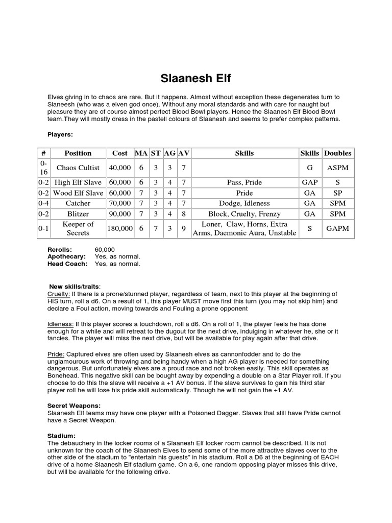 Slaanesh Elf: # Position Cost Ma ST Ag Av Skills Skills Doubles | PDF ...
