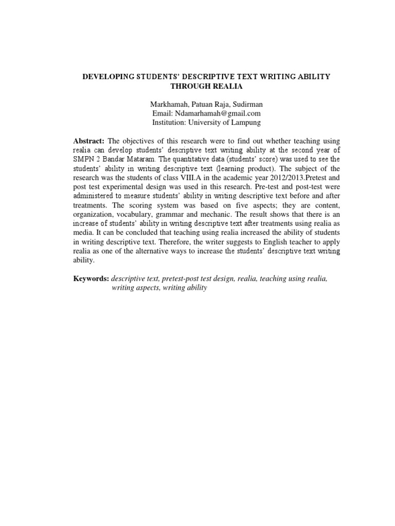 Developing Students' Descriptive Text Writing Ability Through Realia ...