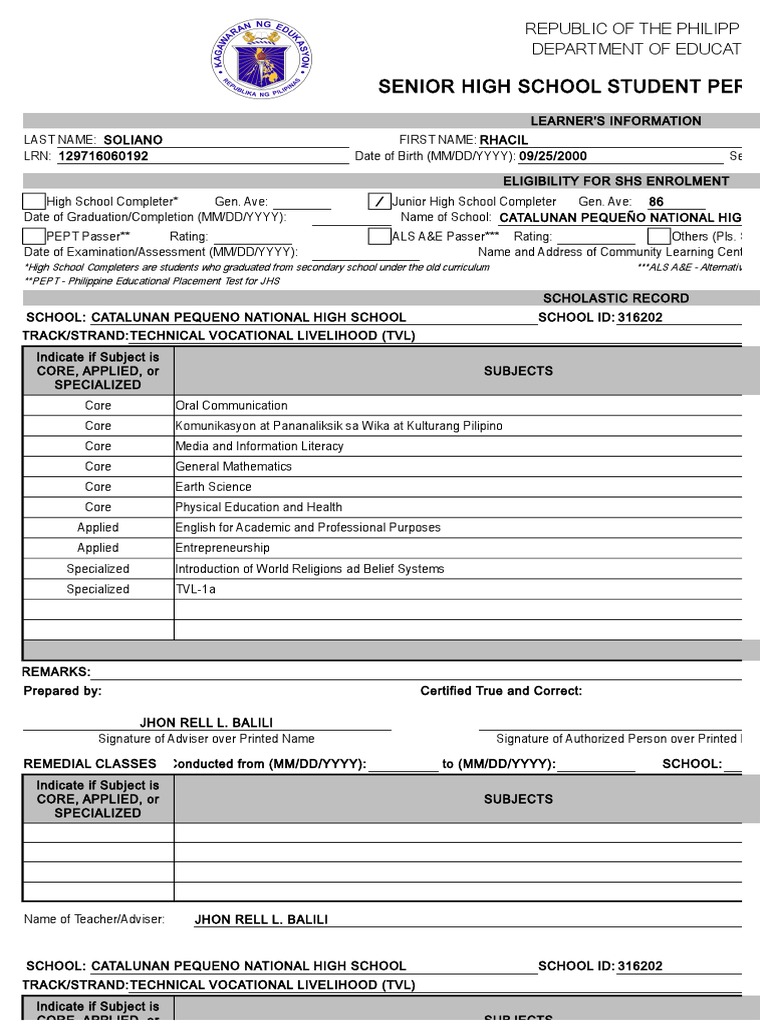 TVL-11 Form 137 | PDF | Schools | Physical Education
