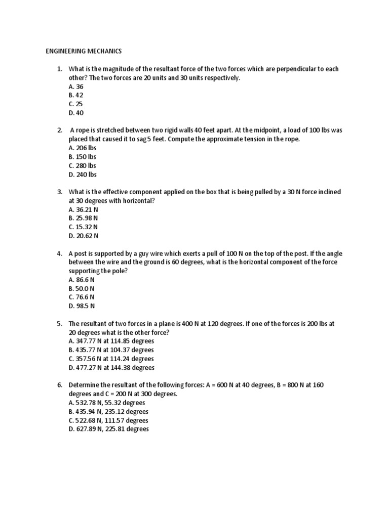 ENGINEERING MECHANICS EXAM REVIEW | PDF | Lever | Force
