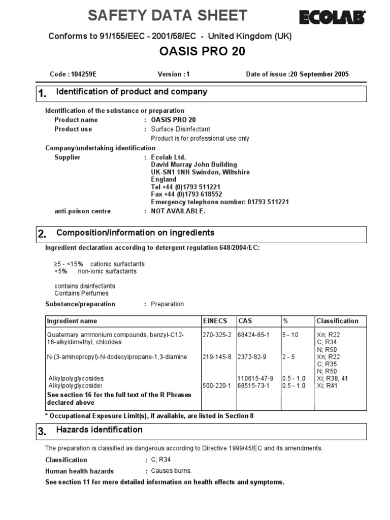 Ecolab Oasis Pro 20 Safety Data Sheet | PDF | Toxicity | Disinfectant