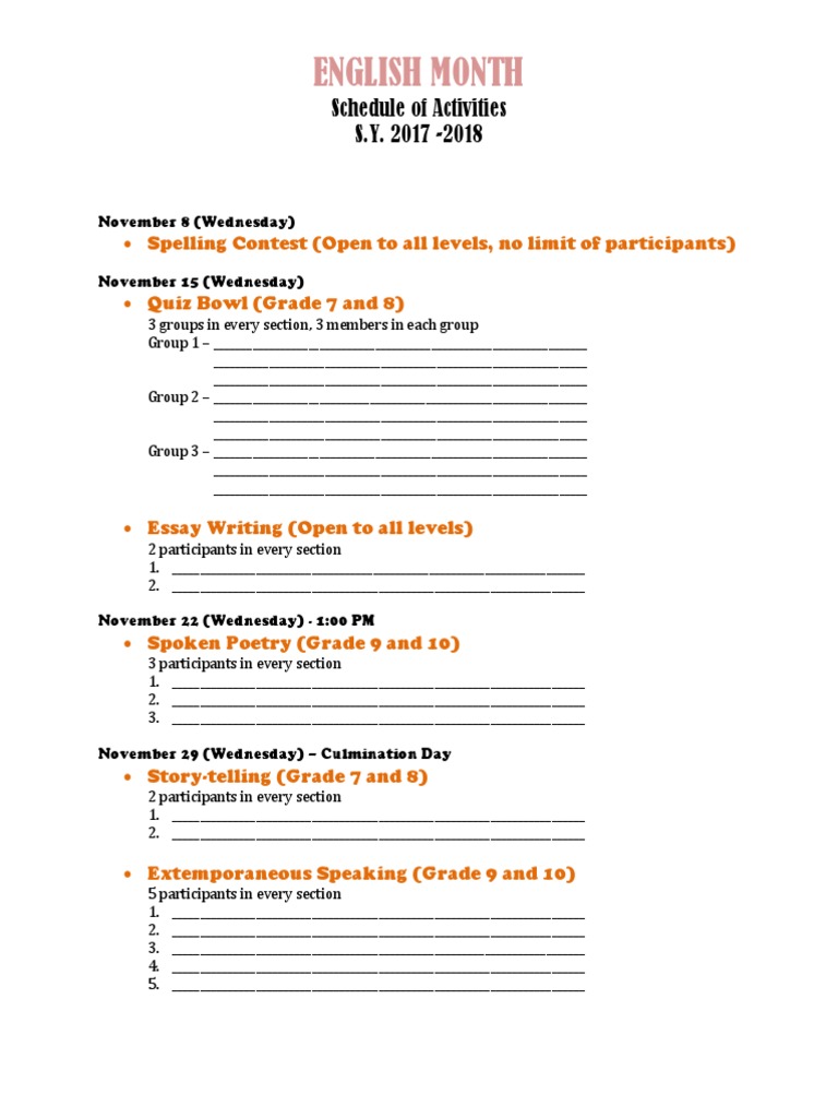 English Month Schedule of Activities | PDF | Writing