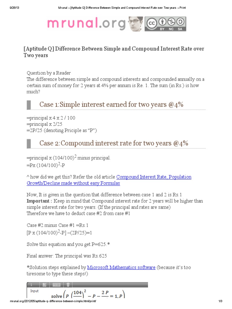 Calculating the Principal Sum That Results in a Difference of 1 Rupee ...