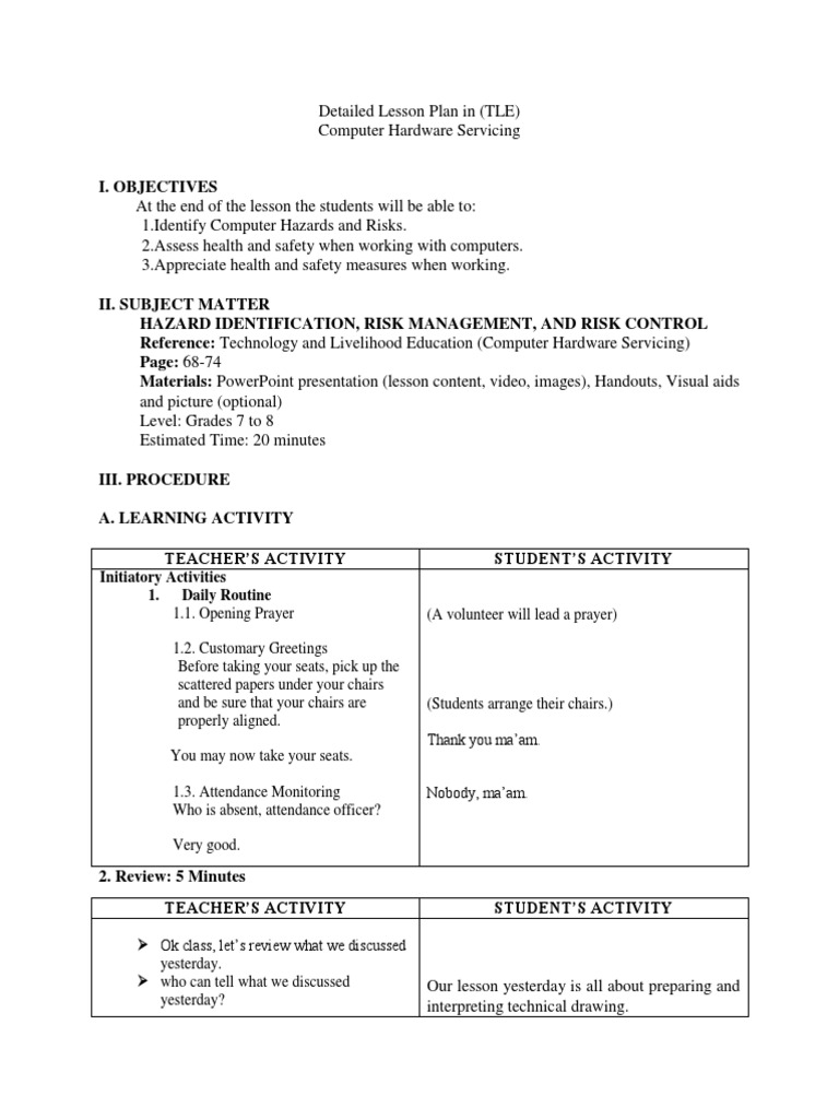 Detailed Lesson Plan in | PDF | Hazards | Occupational Safety And Health
