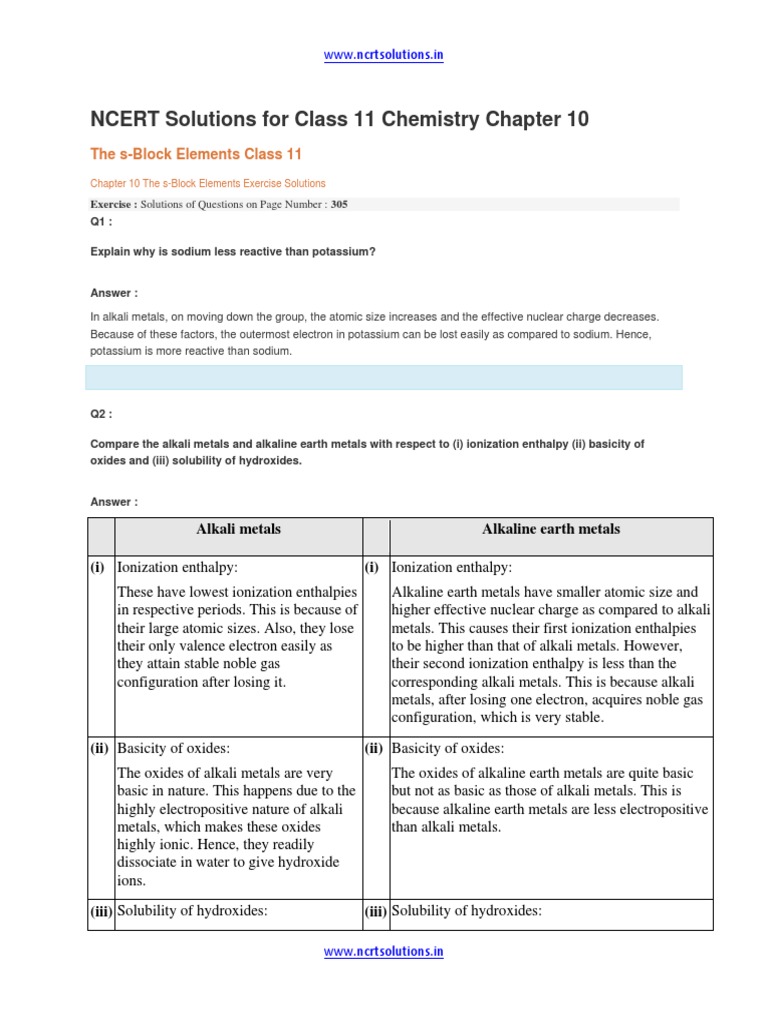 Chapter 10 The S-Block Elements | PDF | Sodium | Sodium Carbonate