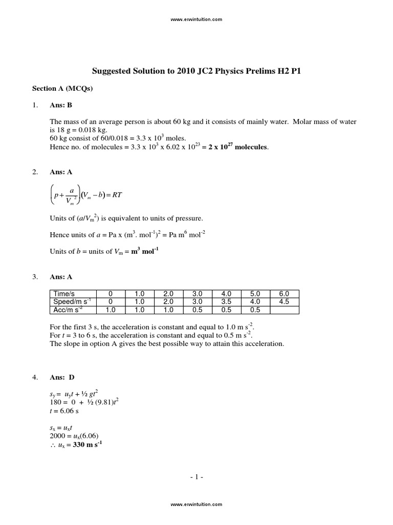 Suggested Solution To 2010 Jc2 Physics Prelims H2 P1: Section A (MCQS) Ans: B | PDF | Physics ...