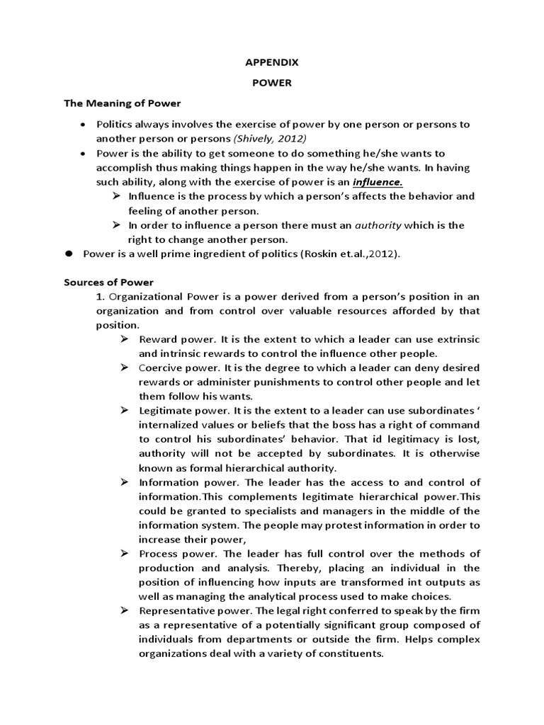Appendix Power | PDF | Power (Social And Political) | Leadership
