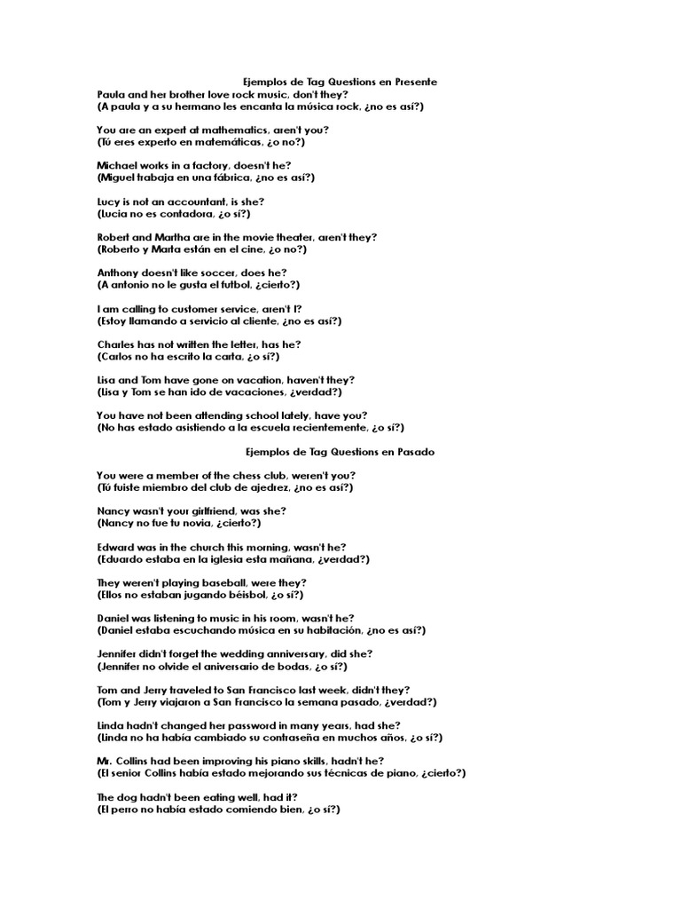 Ejemplos de Tag Questions | PDF | Leisure