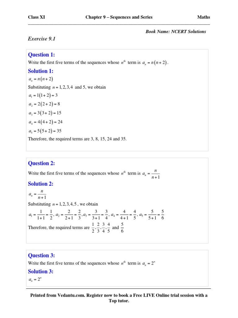 Exercise 9.1: Class XI Chapter 9 - Sequences and Series Maths | PDF | Mathematical Concepts ...