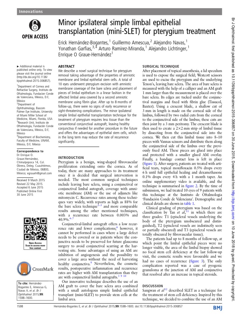 Minor Ipsilateral Simple Limbal Epithelial Transplantation (mini-SLET ...
