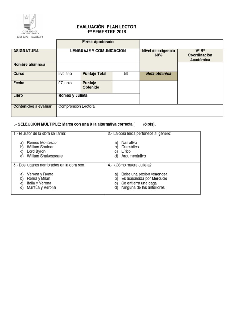Evaluación Plan Lector 8vo Romeo y Julieta | PDF | Romeo y Julieta