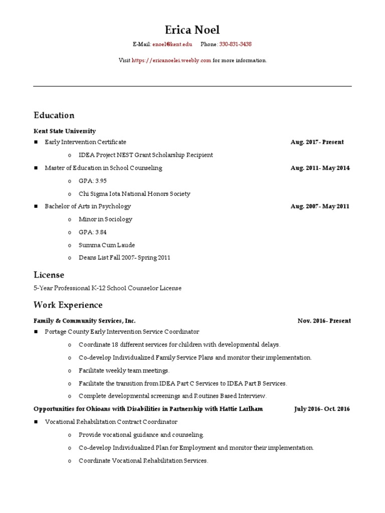 Erica Noel Resume | PDF | School Counselor | Behavior Modification