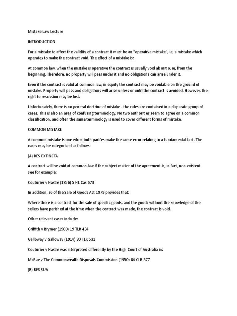 Mistake Law | PDF | Rescission | Void (Law)