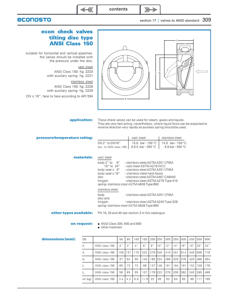 Econ Check Valves Tilting Disc Type ANSI Class 150: Application | PDF ...