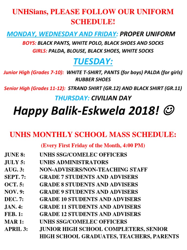 Unhsians, Please Follow Our Uniform Schedule!: Monday, Wednesday and ...