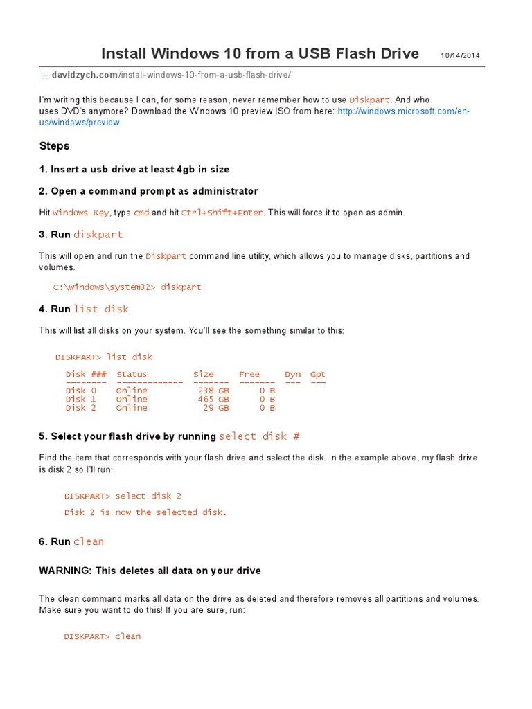 Install Windows 10 From A USB Flash Drive | PDF | Usb Flash Drive ...