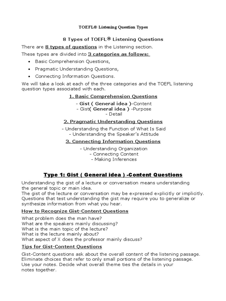 8 Types of TOEFL® Listening Questions | PDF | Question | Reading ...