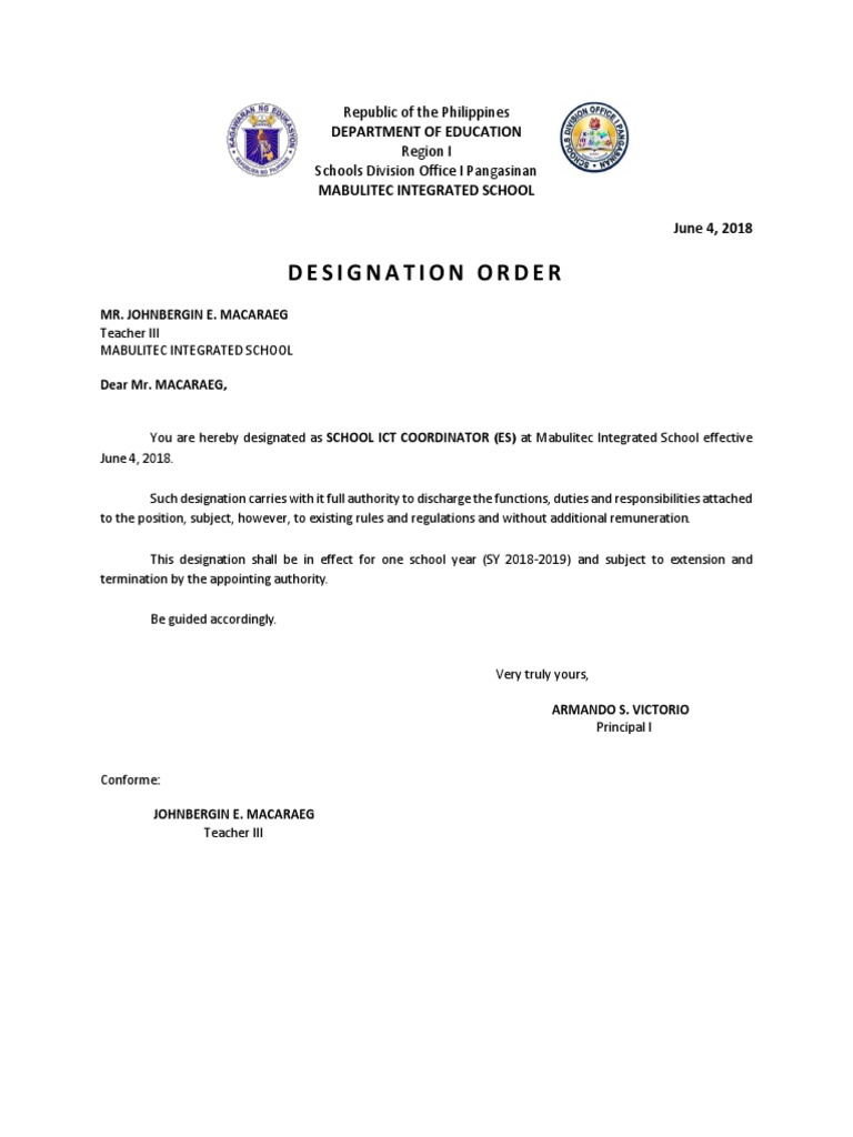 Designation Order Johnbergin 2018 | PDF | Government Institutions ...