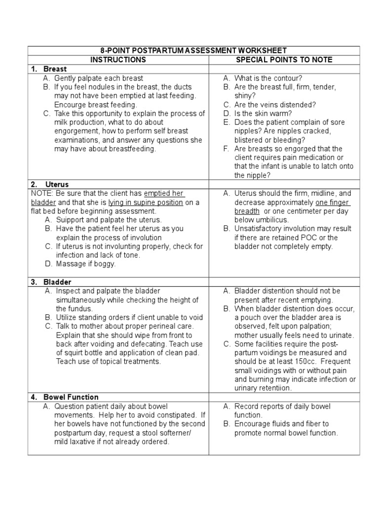 8 Point Postpartum Assessment Worksheet | Wound | Urinary Bladder