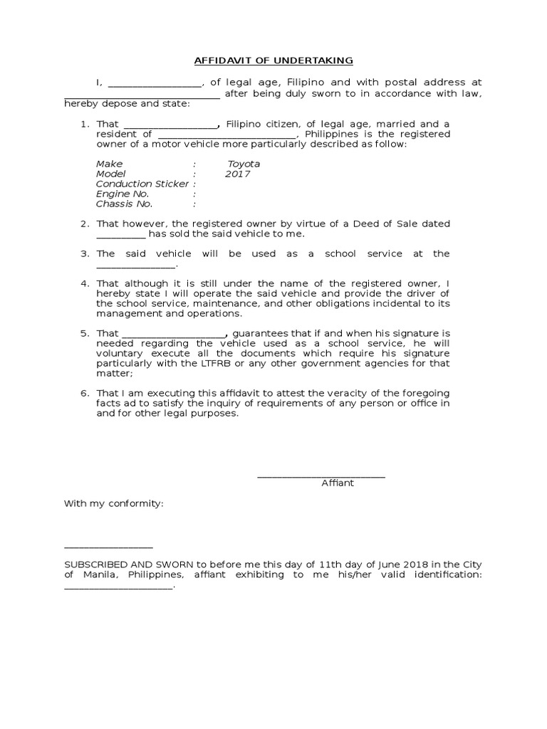 Affidavit of Undertaking - Sample | PDF
