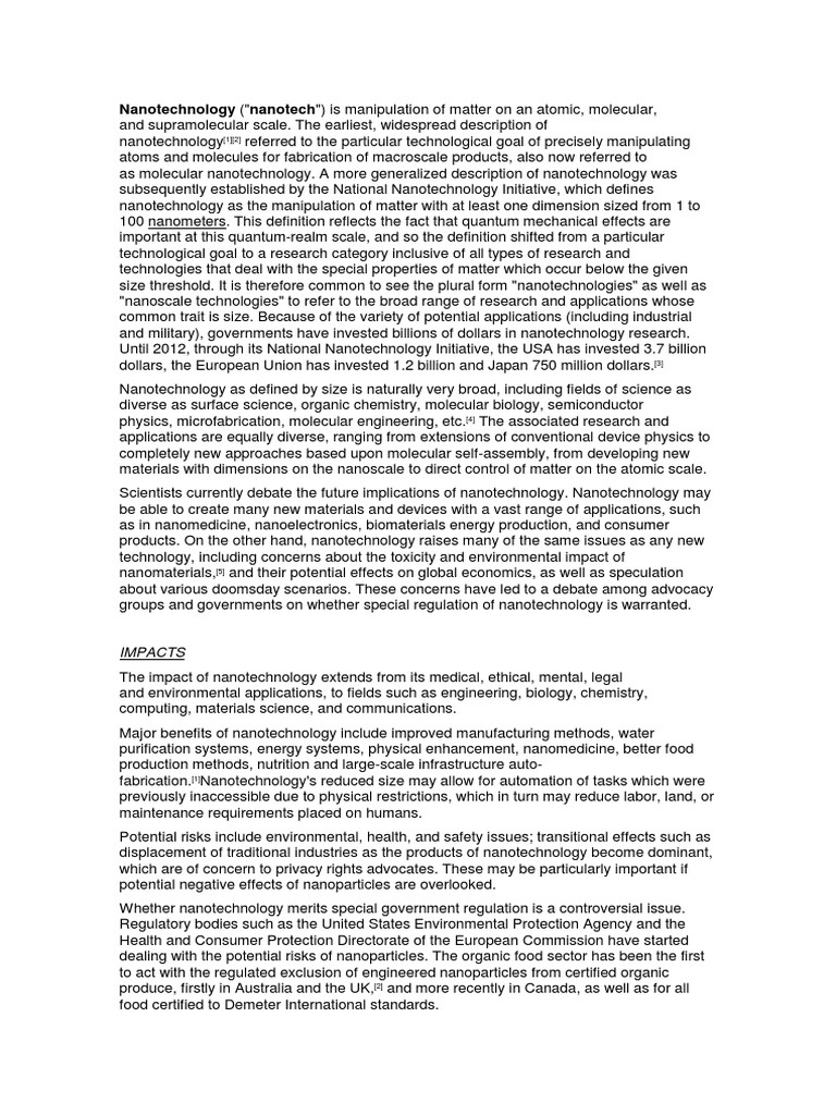 Nanotechnology ("Nanotech") Is Manipulation of Matter On An Atomic, Molecular | PDF ...