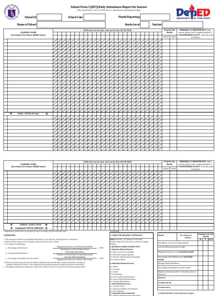 SF 2 Daily Attendance Report of A Learner | PDF | High School Dropouts ...