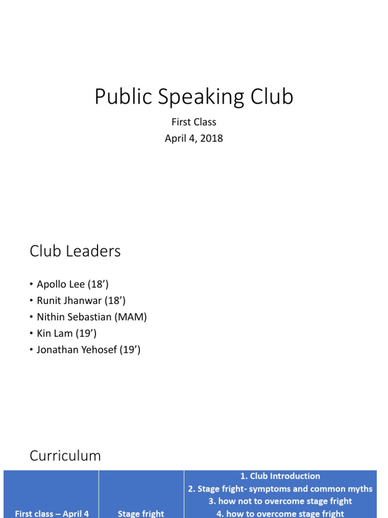 Public Speaking Club: First Class April 4, 2018 | PDF | Body Language ...