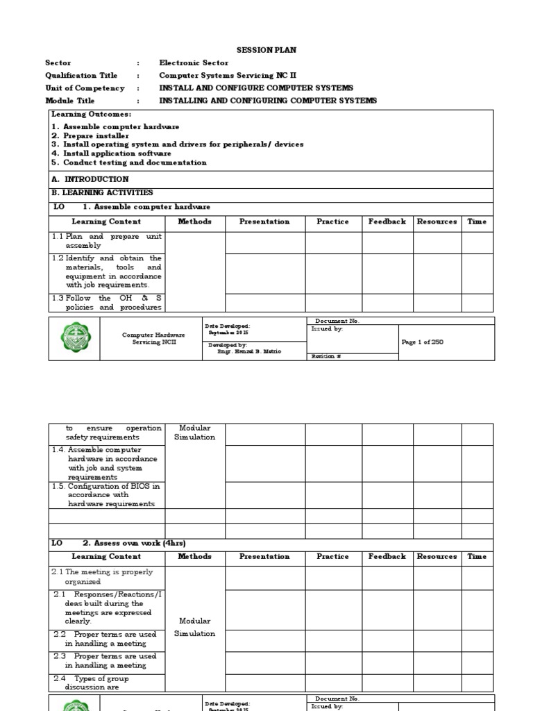 Session Plan Core - Install and Configure Computer Systems | PDF | Simulation | Competence ...