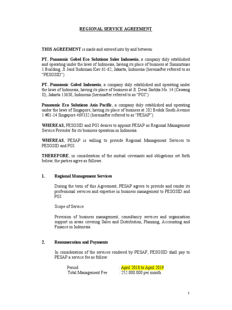 Regional Service Agreement Fee | PDF | Services (Economics) | Business