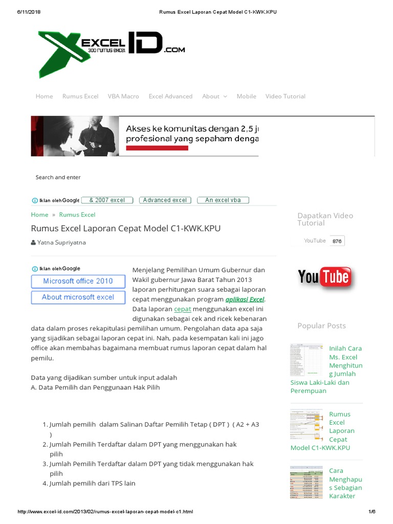 Rumus Excel Laporan Cepat Model C1-KWK - Kpu | PDF