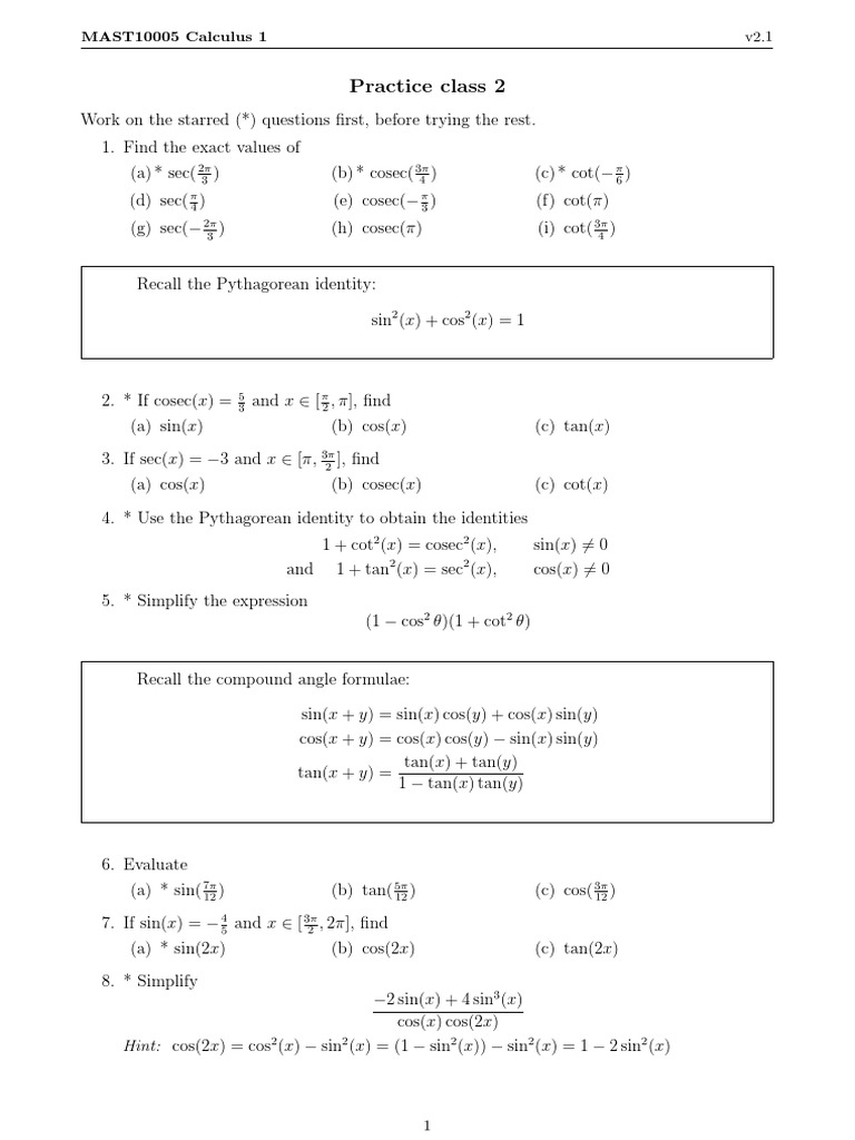 Trigonometric Functions Tutorial Sheet | PDF | Trigonometric Functions | Sine