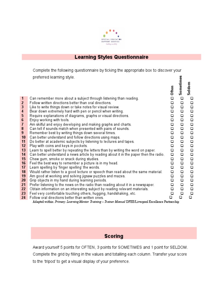 Learning Styles Questionnaire | PDF | Learning Styles | Reading (Process)
