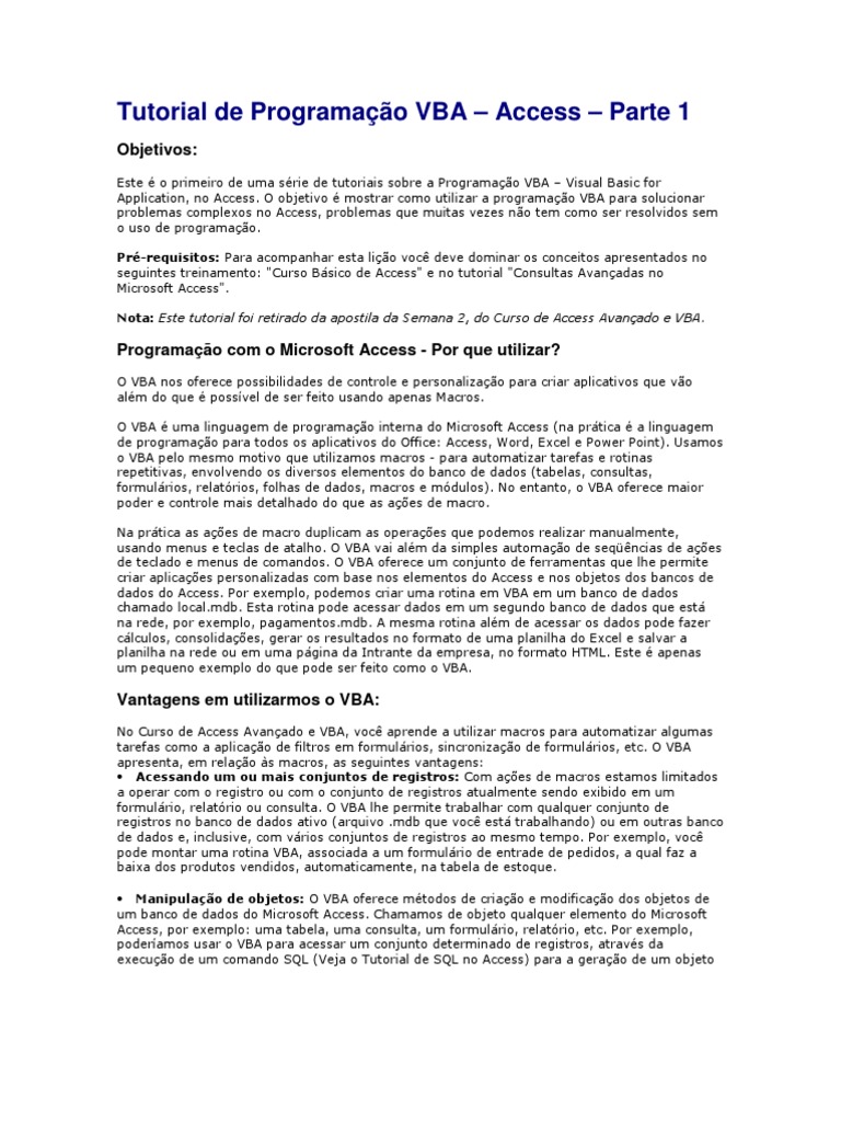 Tutorial De Programação Vba Access Parte 1 Introdução à Linguagem