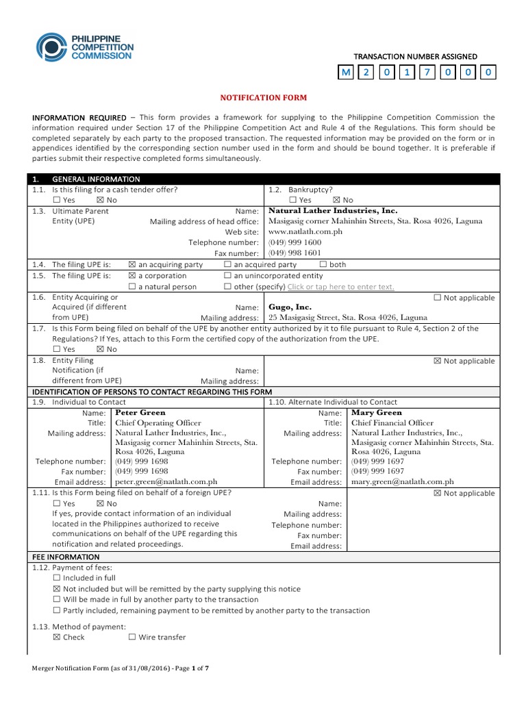 Sample Accomplished Notification Form - PCC | PDF | Mergers And ...