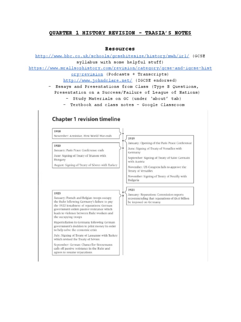 IGCSE Treaties and League of Nations HISTORY REVISION (Quarter 1) | PDF ...